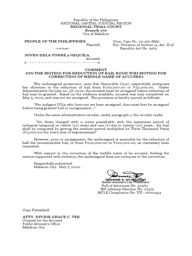 Comment Motion To Reduce Bond 2x | PDF | Bail | Arraignment