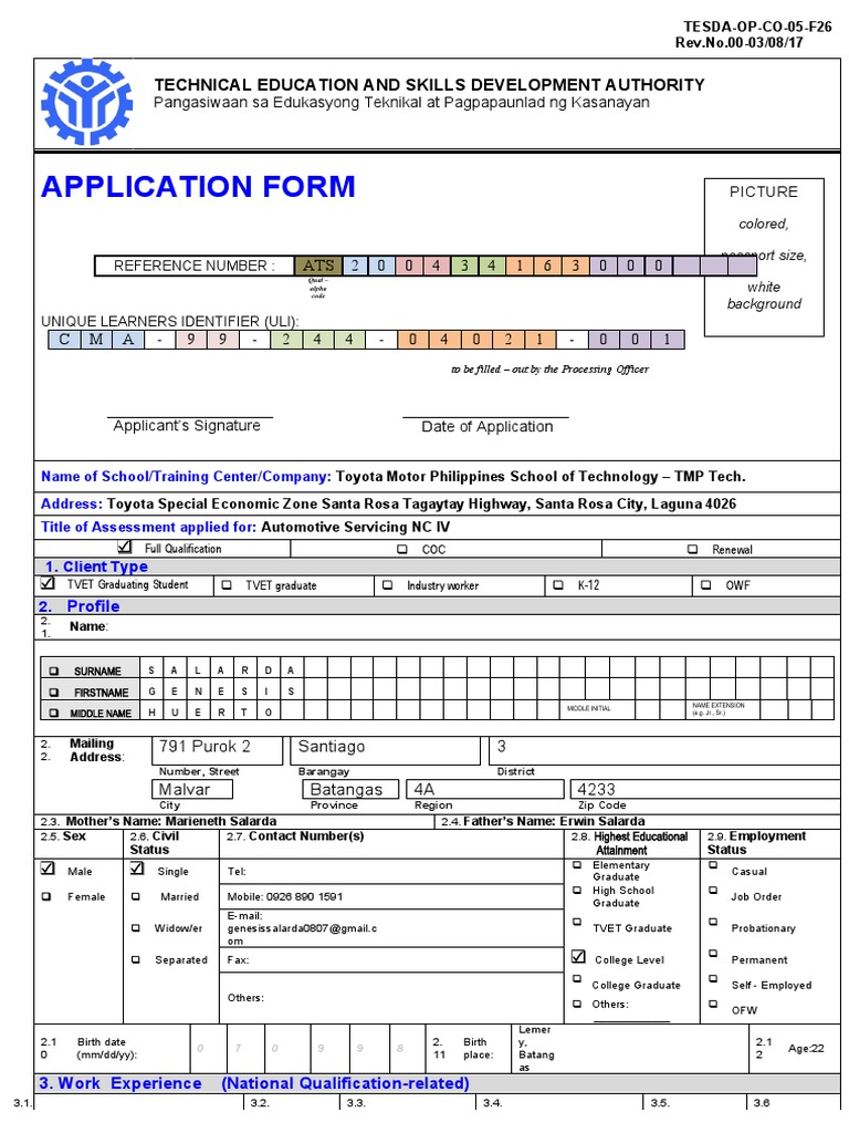 Application Form: Technical Education and Skills Development Authority ...