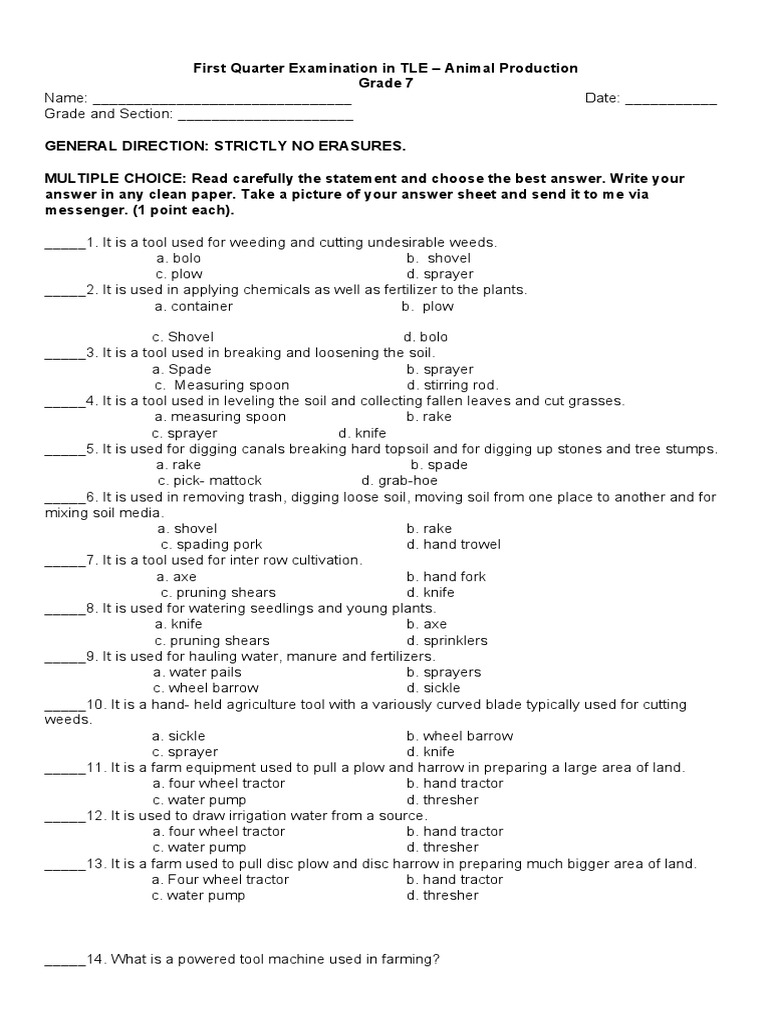 Grade 7 TLE Exam: Animal Production | PDF | Tractor | Plough