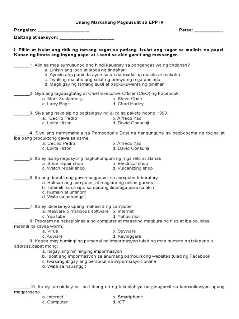 EPP Grade 4 Exam | PDF