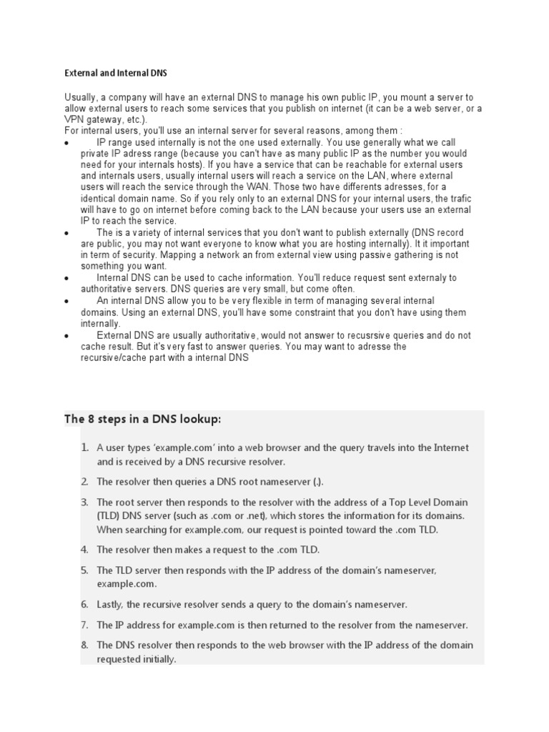 External and Internal DNS: The 8 Steps in A DNS Lookup | PDF | Domain ...