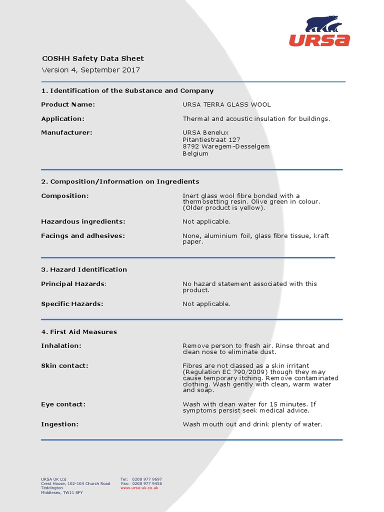 Version 4, September 2017: COSHH Safety Data Sheet | PDF | Water | Dust