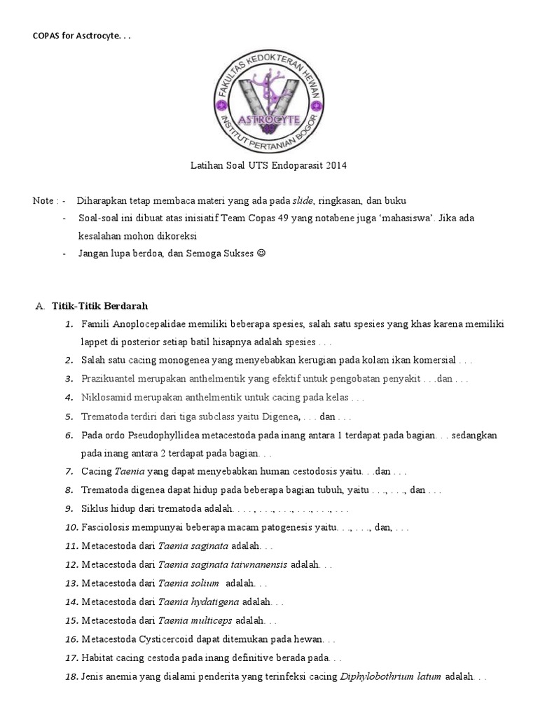 Soal Latihan UTS Endoparasit 2014 by Copas | PDF | Kesehatan Holistik