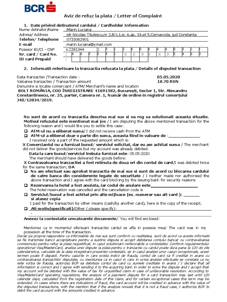 Aviz de Refuz La Plata / Letter of Complaint | PDF | Debit Card ...