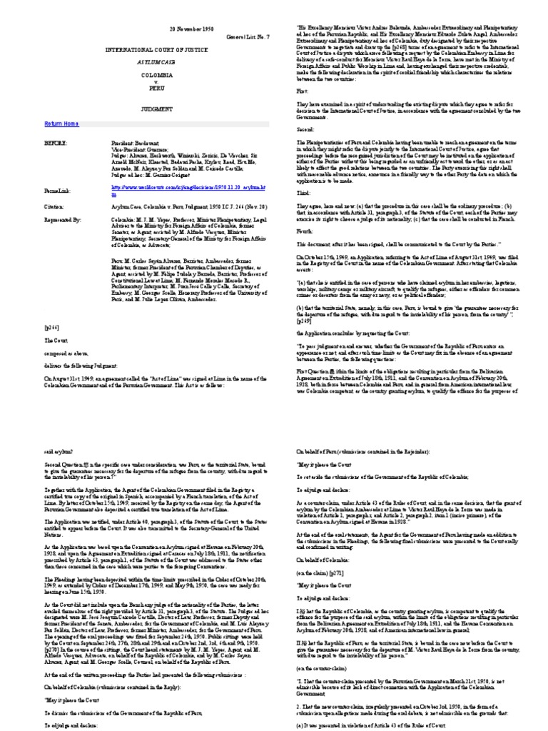 Asylum Case: 20 November 1950 General List No. 7 International Court of ...