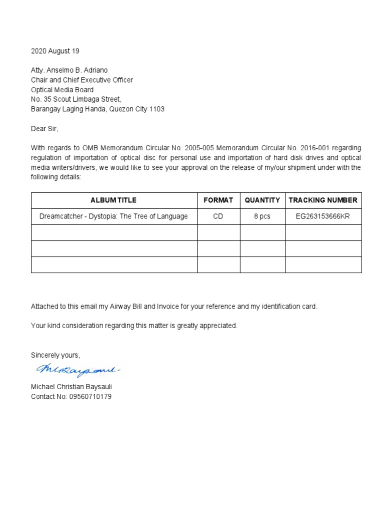 Import Request for Optical Media Shipment | PDF | Law | Home & Garden