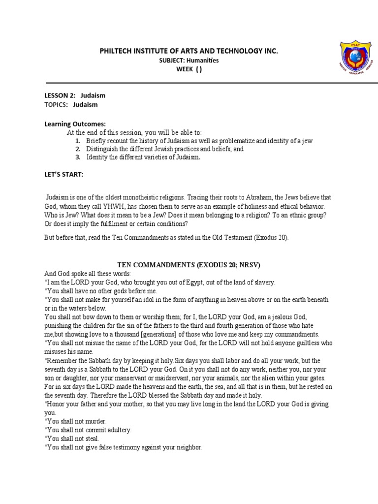 Philtech Institute of Arts and Technology Inc.: LESSON 2: Judaism | Download Free PDF | God | Moses