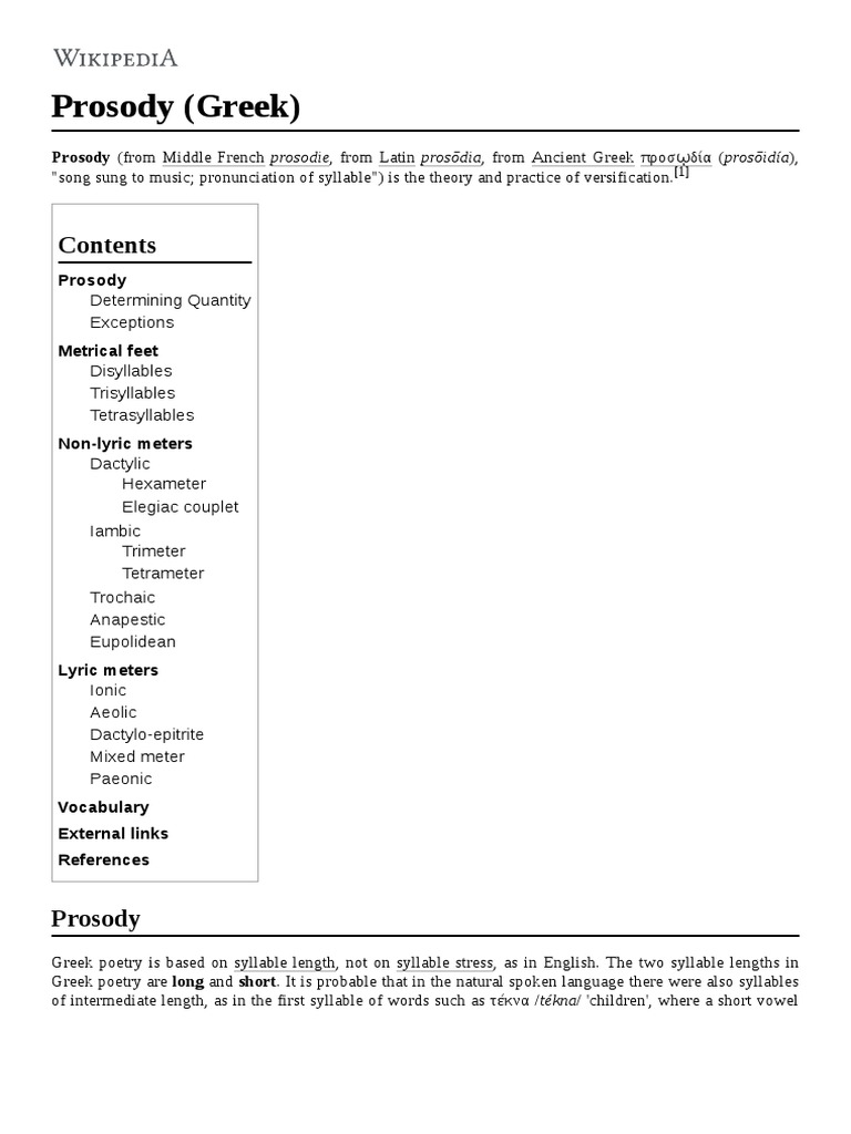 Prosody (Greek) : Prosody (from Middle French prosodie, from Latin ...