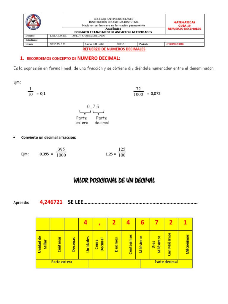 Refuerzo de Decimales para Quinto Grado | PDF | Decimal | Fracción ...
