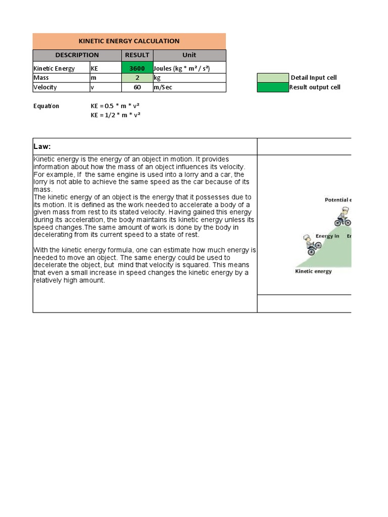 Kinetic Energy Calculation Description Result Unit 3600: Graphical ...