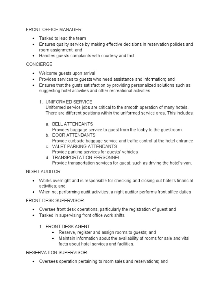 Front Office Roles and Responsibilities | PDF | Hotel | Voucher