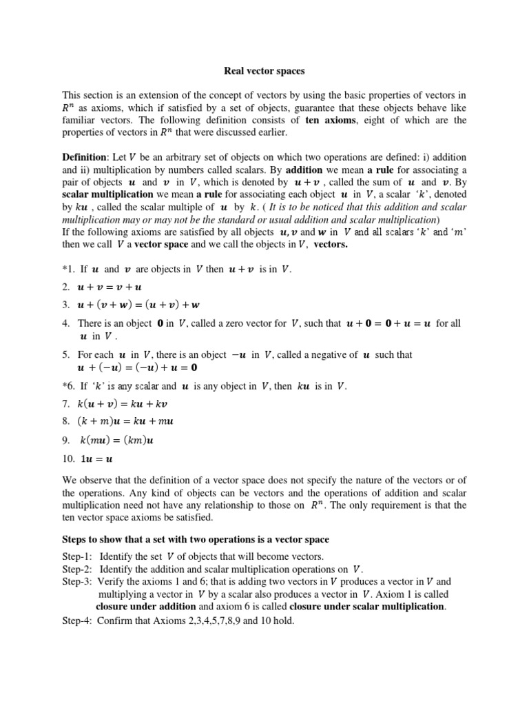 Linear Algebra (Lec - 13) Real Vector Spaces | PDF | Vector Space | Scalar (Mathematics)