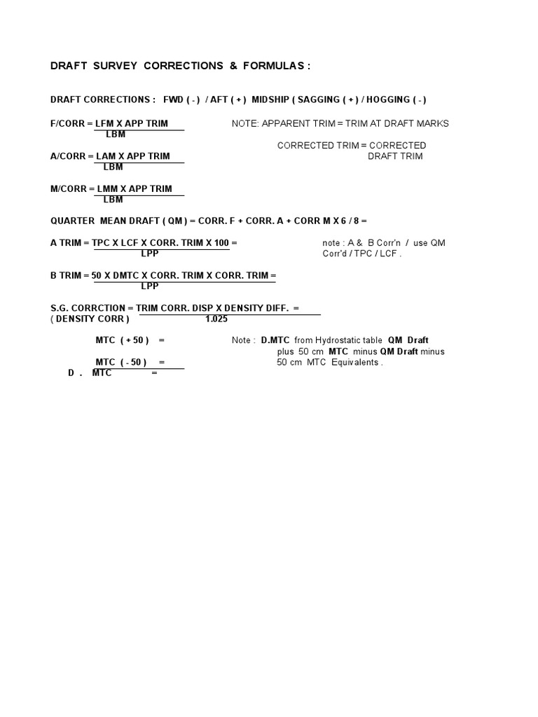 Draft Survey Corrections & Formulas | PDF