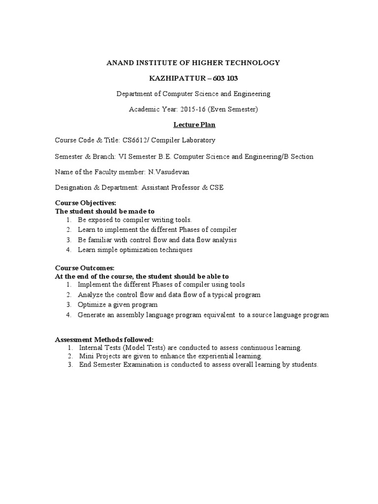 CS6612 COMPILER LAB - Reg 2013 | PDF | Compiler | Computer Program