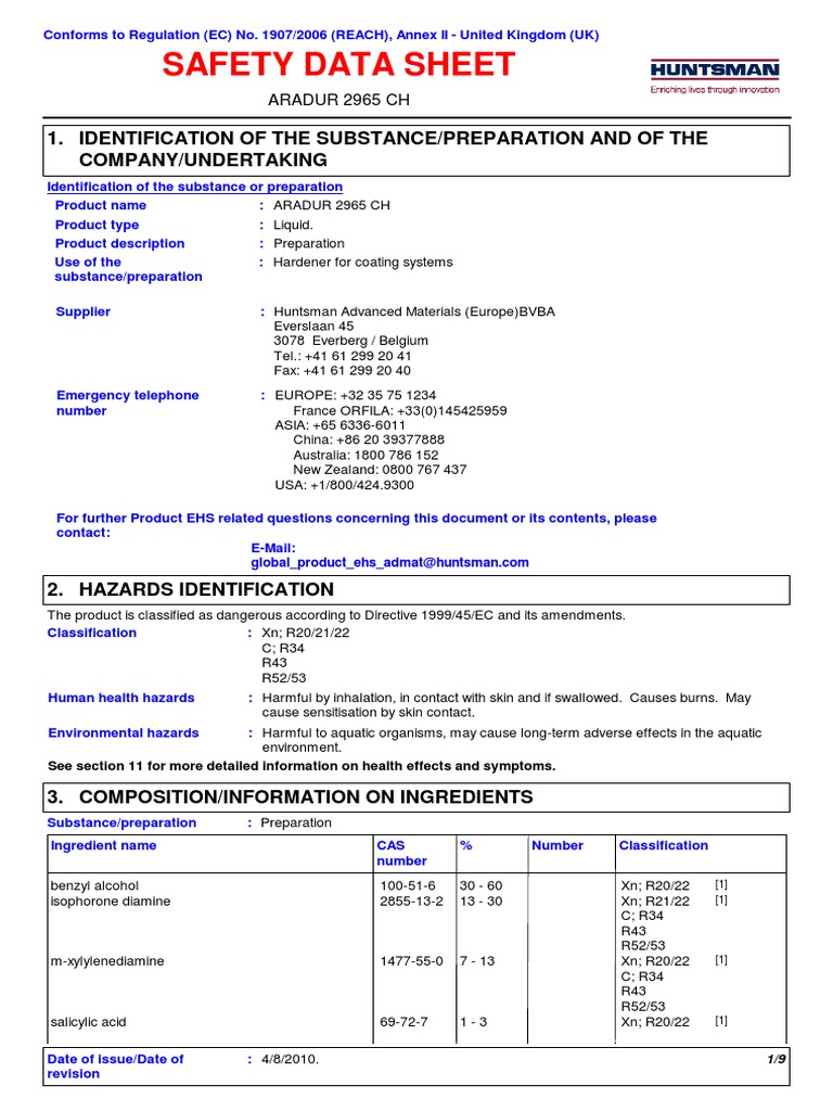 MSDS Aradur 2965 PDF | PDF | Toxicity | Personal Protective Equipment