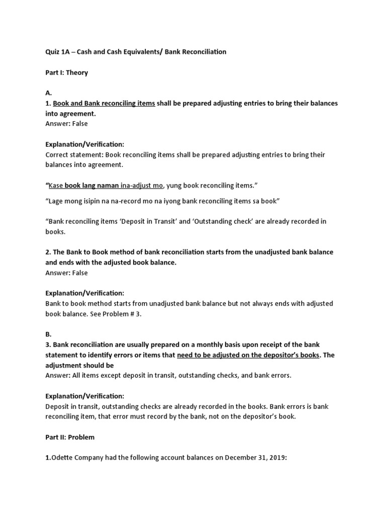 Cash and Bank Reconciliation Quiz | PDF | Cheque | Deposit Account