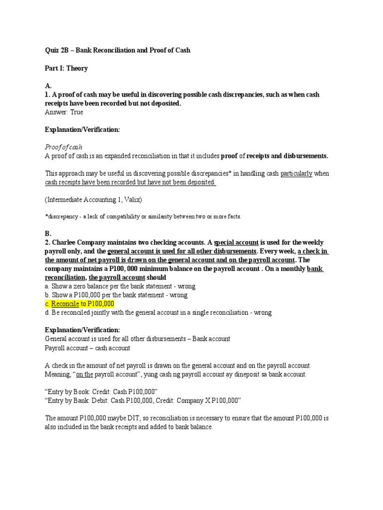 Quiz 2B - Bank Reconciliation and Proof of Cash | PDF | Deposit Account ...