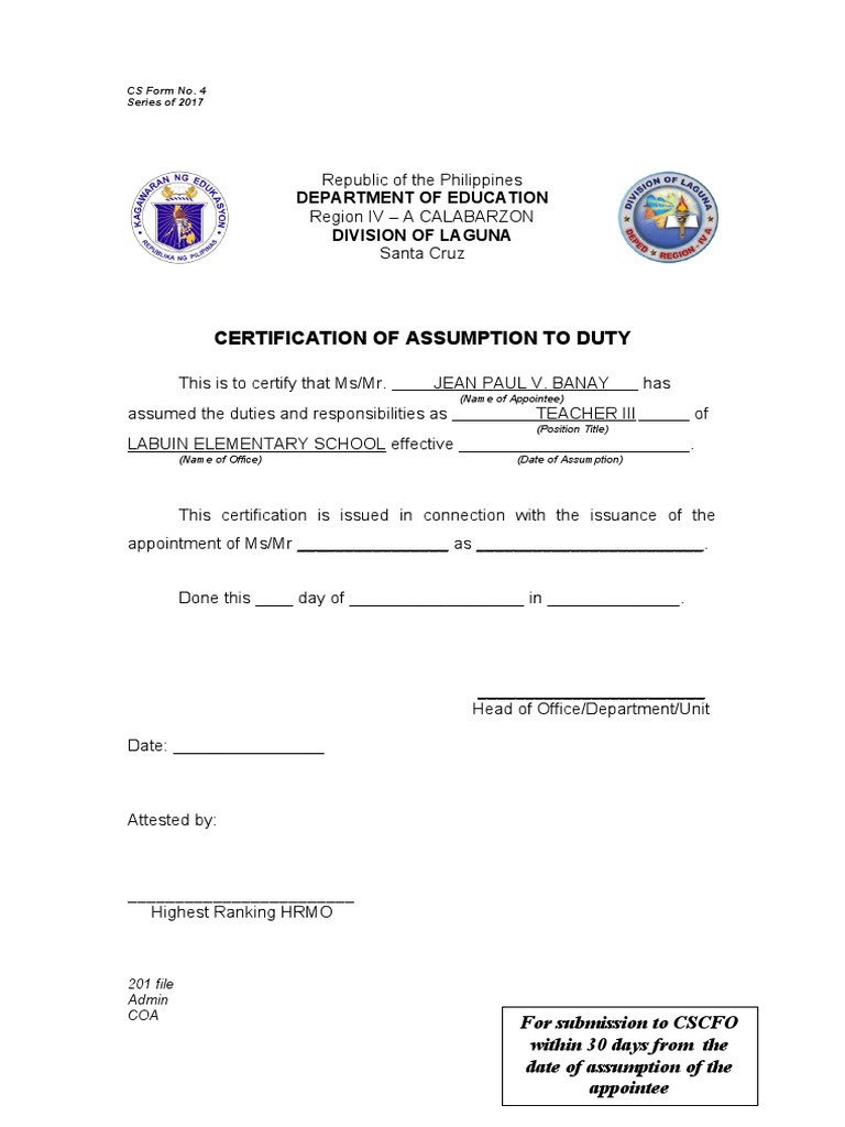 Certification of Assumption To Duty: Department of Education Division ...