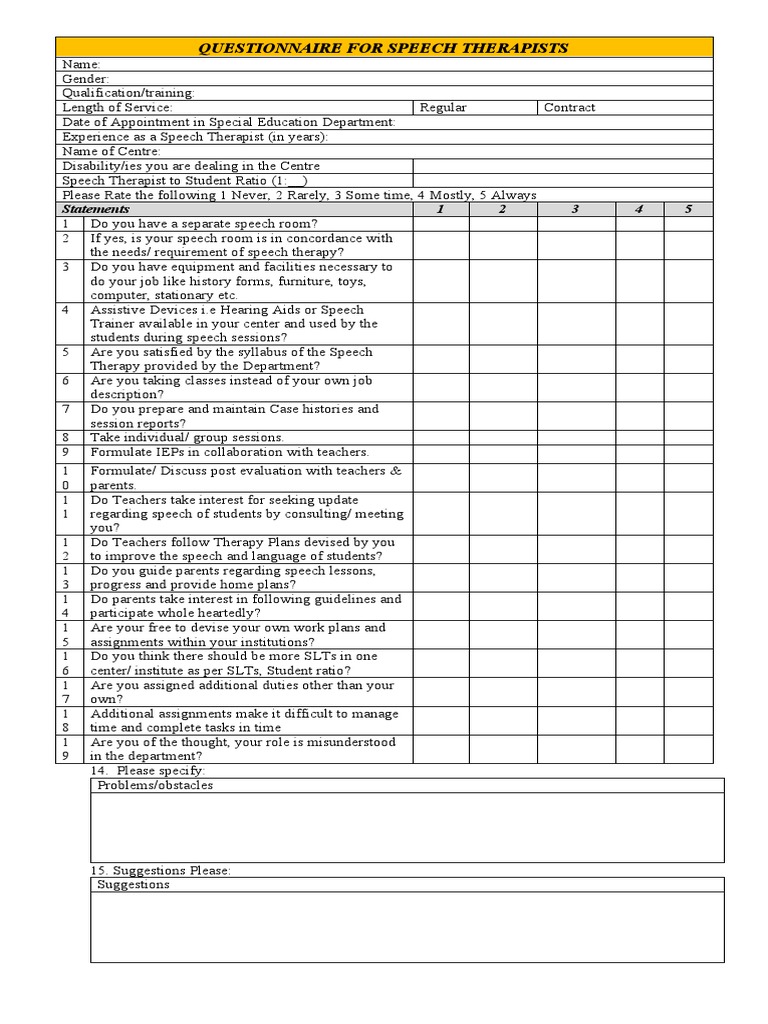 Questionnaire For Speech Therapists Research Group | PDF | Career ...