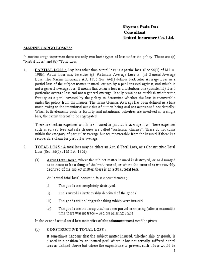 Types of Loss in Marine Insurance | PDF | Insurance | Cargo
