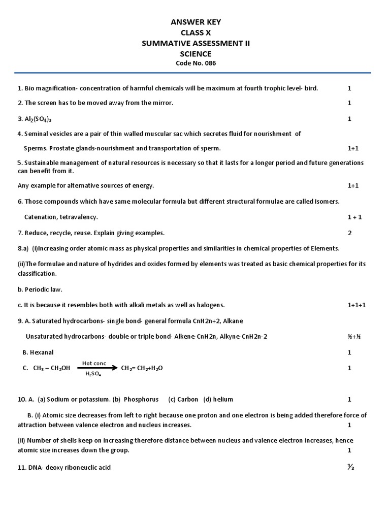 Answer Key Class X Summative Assessment Ii Science: Code No. 086 | PDF ...