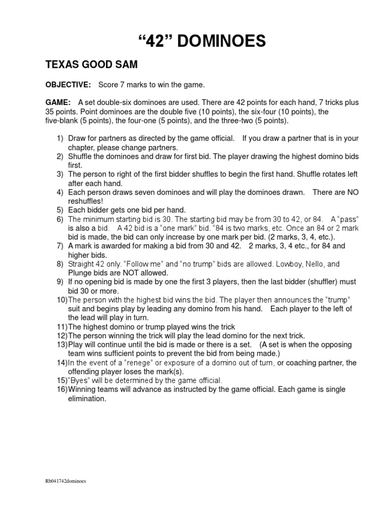 "42" Dominoes: Texas Good Sam | PDF