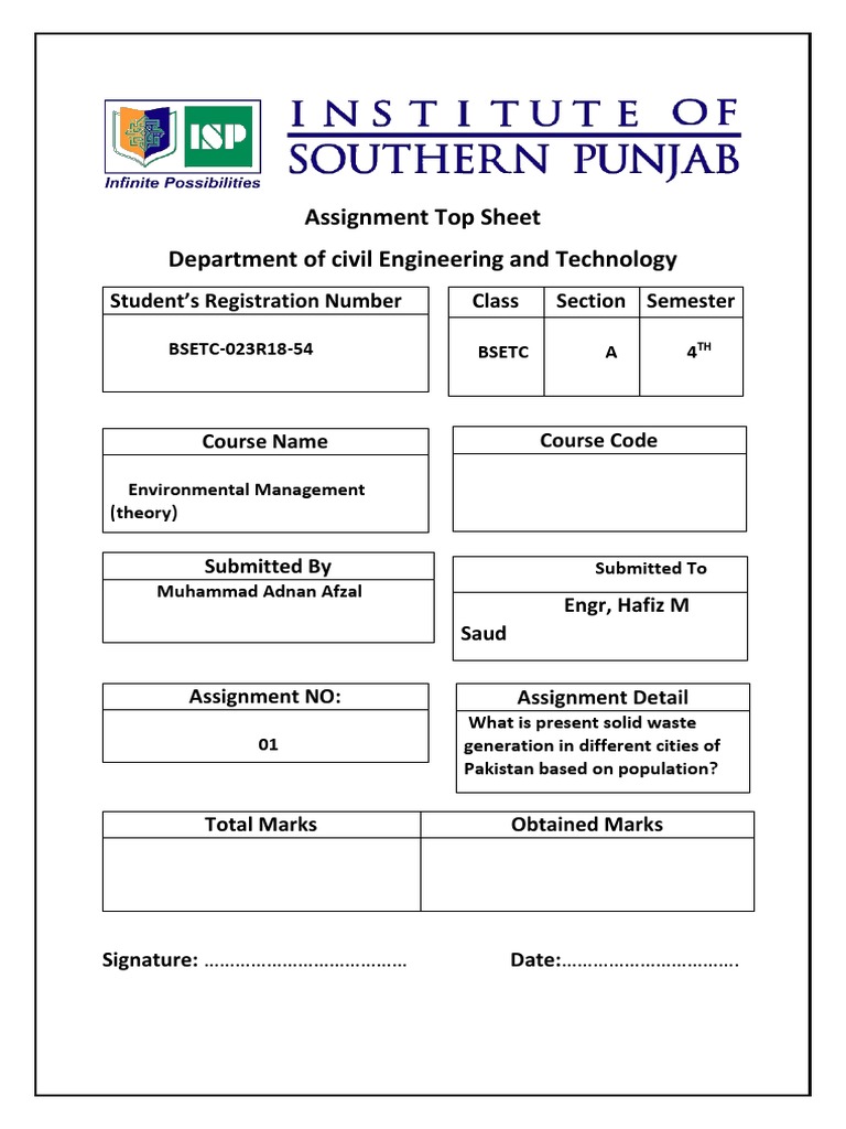 Assignment Top Sheet Department of Civil Engineering and Technology ...