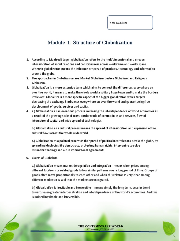 Module 1: Structure of Globalization: Year &course | PDF | Globalization | International Relations