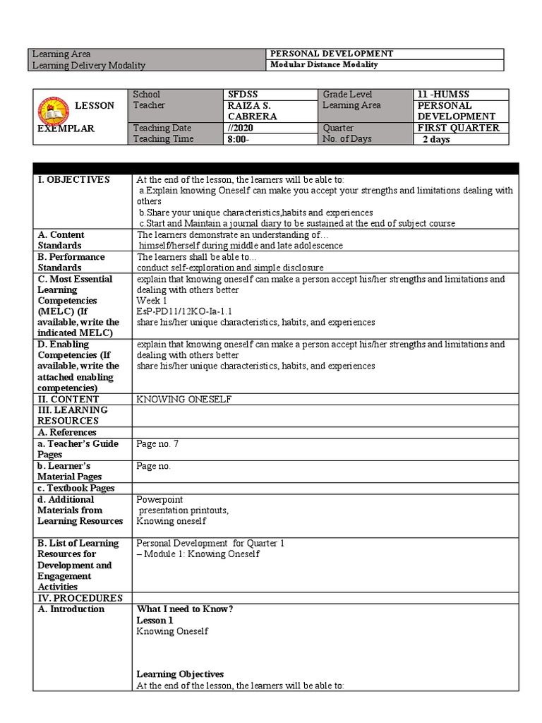 Lesson-Exemplar-in-Per. Dev - Lesson 1 | PDF | Self Concept | Self
