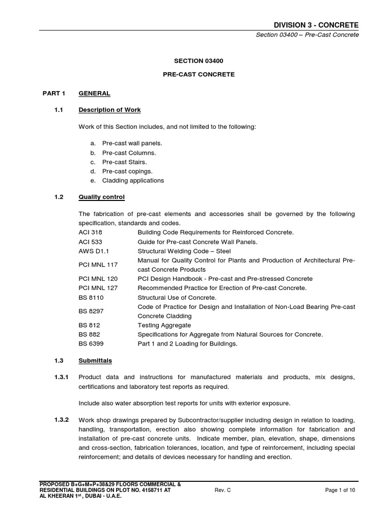 03400-Precast Concrete-Rev.c | PDF | Precast Concrete | Concrete