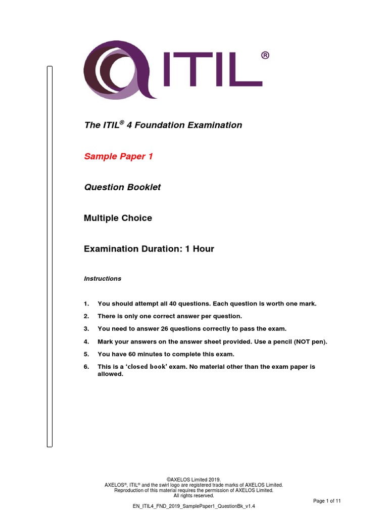 ITIL 4 Foundation Sample Paper 1 Question Book v1.4 PDF | PDF | Itil ...
