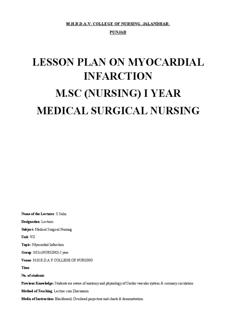 Myocardial Infarction Nursing Lesson Plan | PDF | Coronary Circulation ...