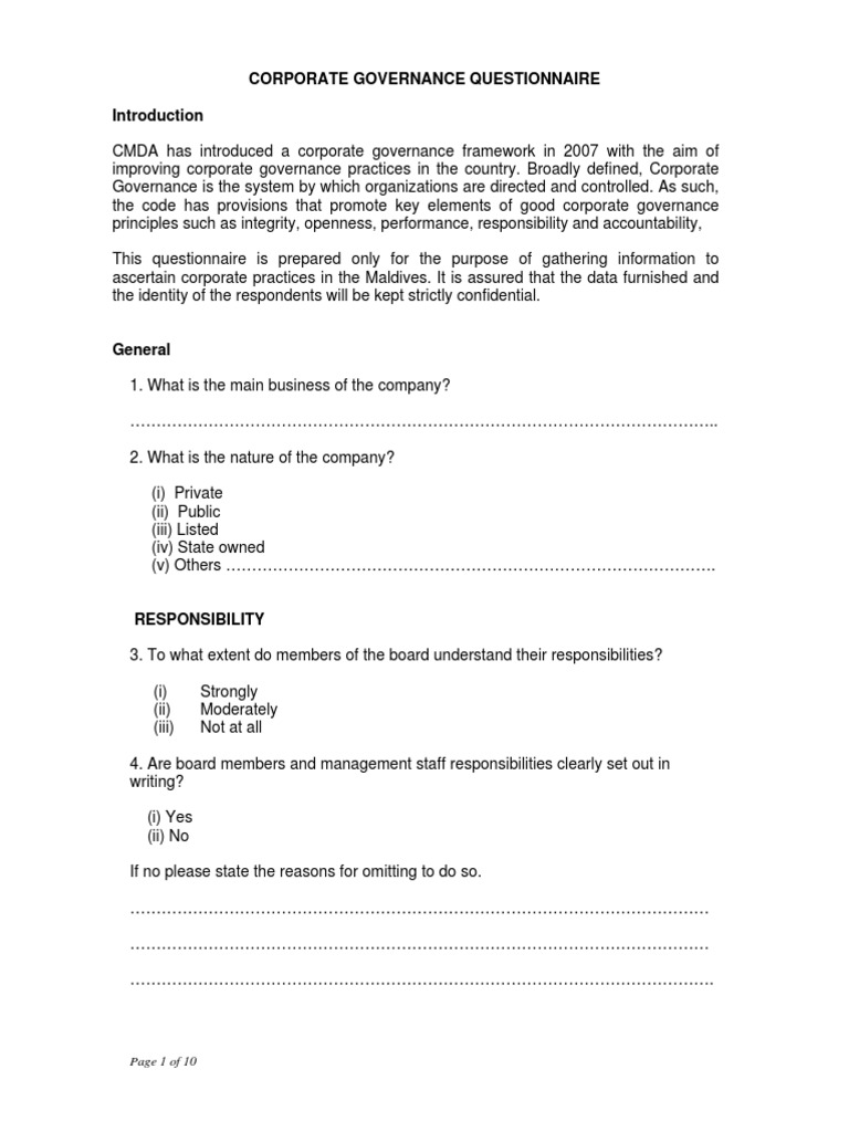 Corporate Governance Questionnaire | PDF