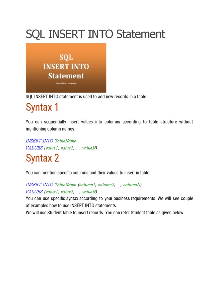 SQL INSERT INTO Statement | PDF