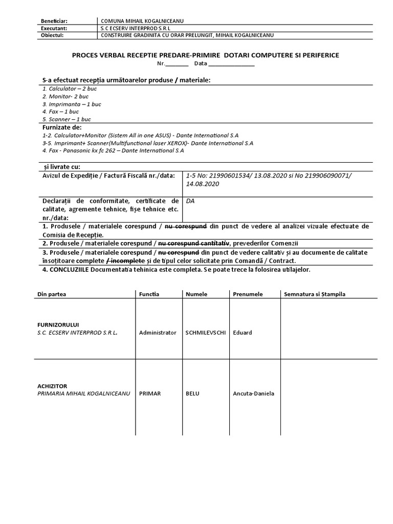 PV MATERIALE PREDARE-PRIMIRE ECHIPAMENTE CT | PDF