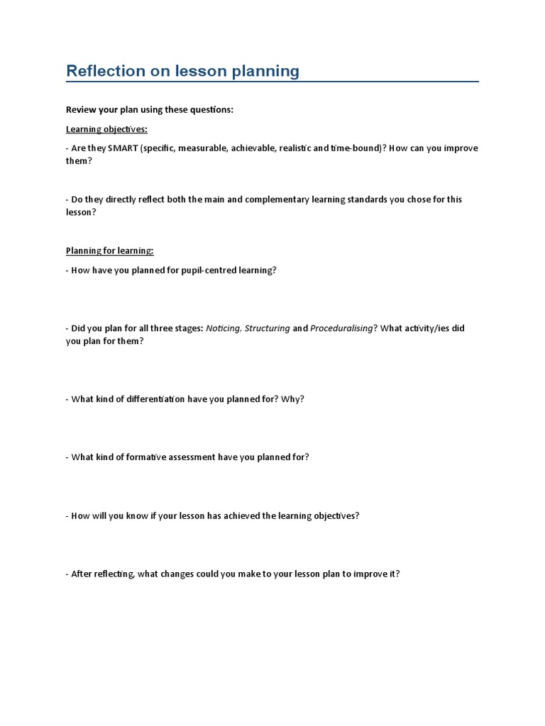 Reflection On Lesson Planning - Worksheet | PDF | Business | Art