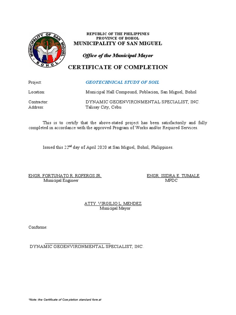 Certificate of Completion: Municipality of San Miguel | PDF