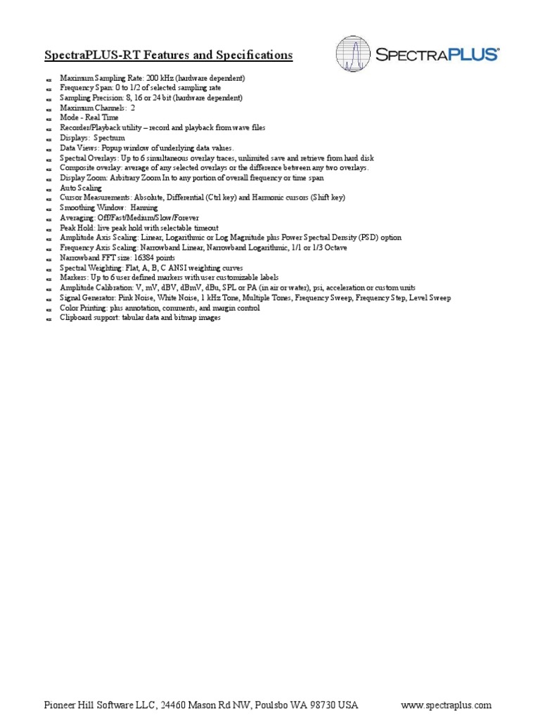 SpectraPLUS-RT Features and Specifications | PDF