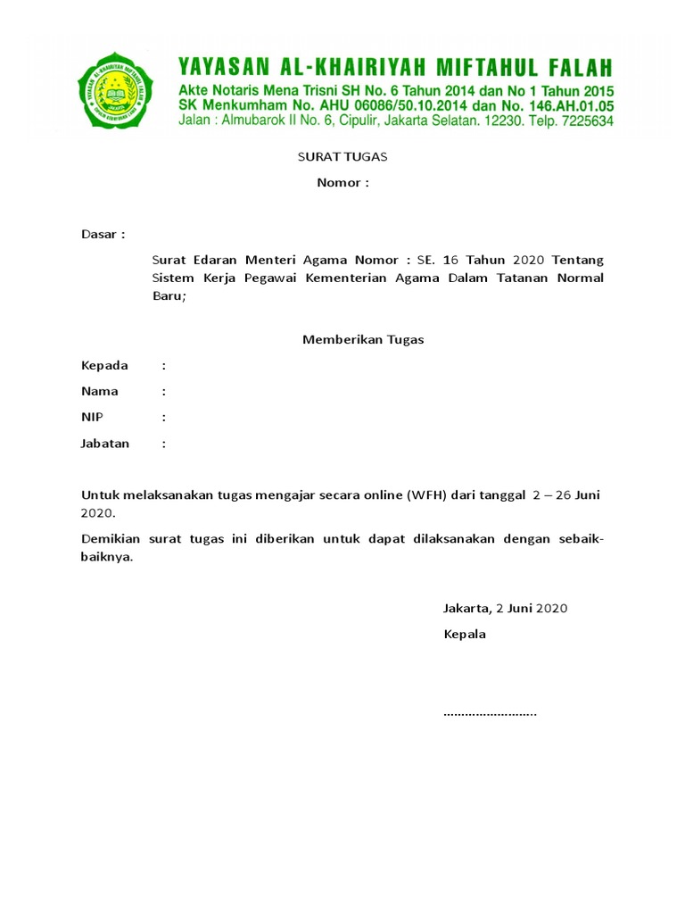 Surat Tugas Mengajar WFH Guru | PDF