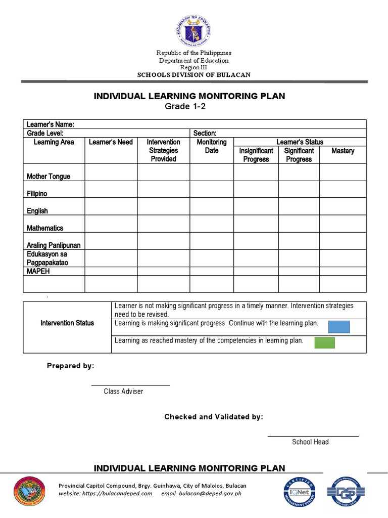 Individual Learning Monitoring Plan: Grade 1-2 | PDF | Education Theory ...