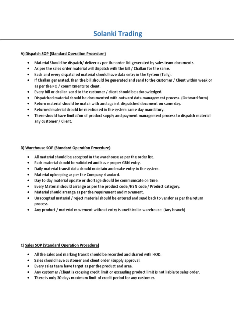 Solanki Trading: A) Dispatch SOP (Standard Operation Procedure) | PDF ...