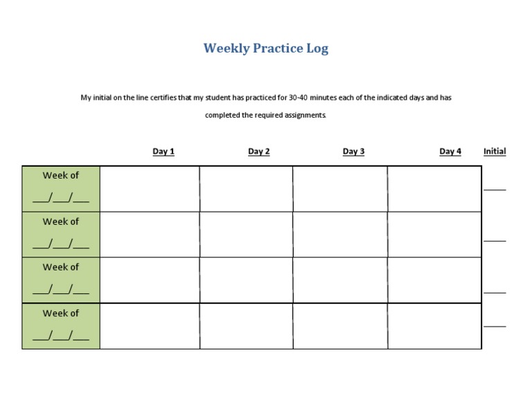 Simple Weekly Practice Log Example | PDF