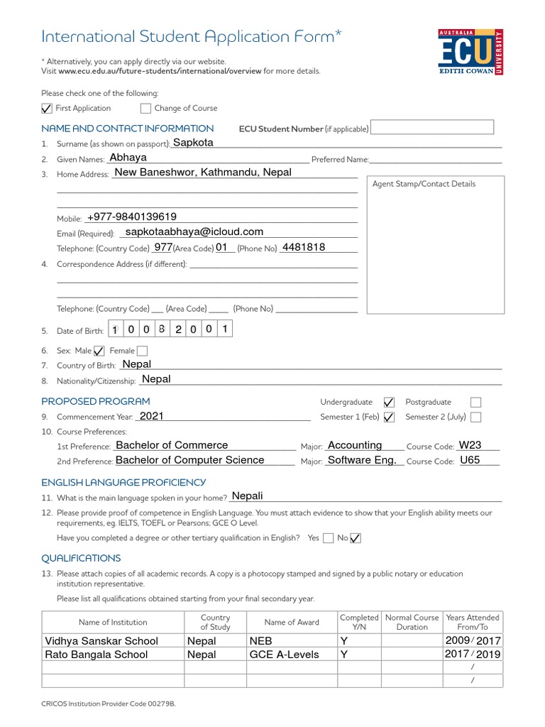 ECU International Student Application Form | PDF | Learning | Business
