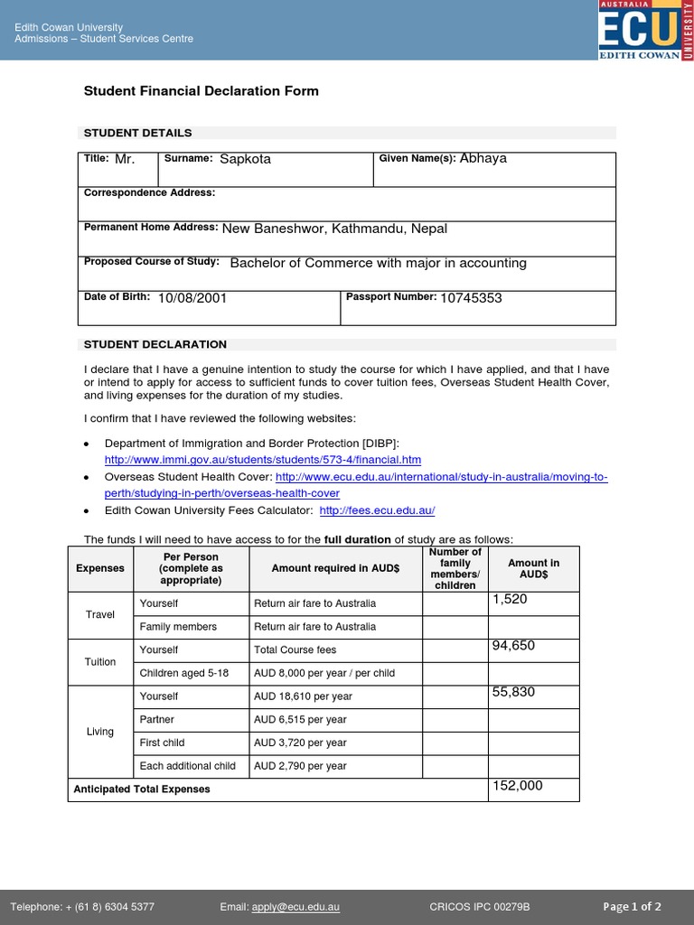 Student Financial Declaration Form | PDF | Government | Business