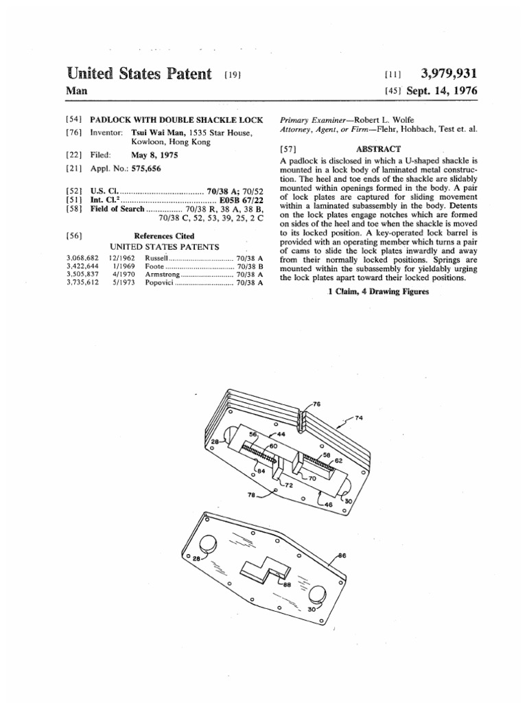 Padlock With Double Shackle Lock (US Patent 3979931) | PDF