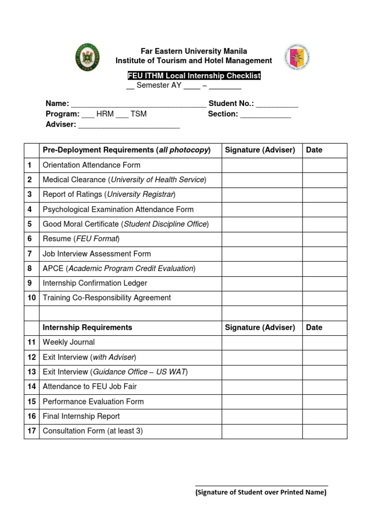 FEU ITHM Local Internship Checklist: - Us Wat) | PDF