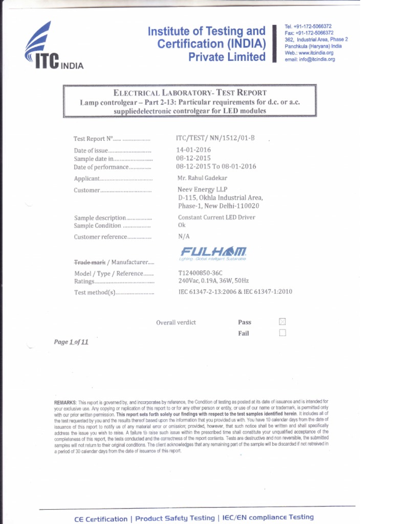LED Driver Test Report IEC 61347 2 13 36C | PDF | Insulator ...