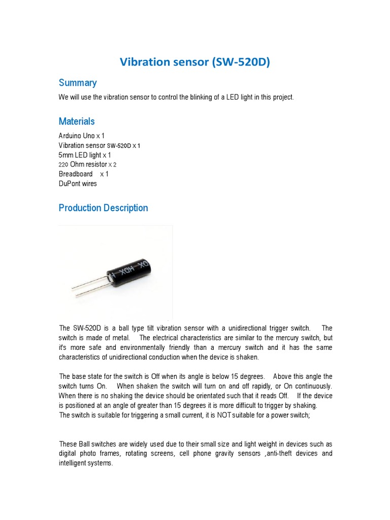 Vibration Sensor (SW-520D) : Materials | PDF | Switch | Electrical ...