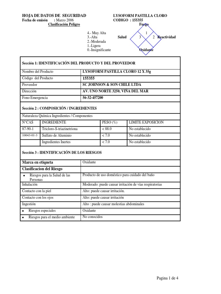 Hoja de Seguridad Klorkleen PDF | PDF | Cloro | Agua