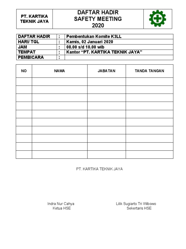 Daftar Hadir Safety Meeting | PDF